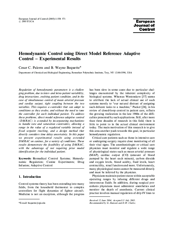 Pdf Hemodynamic Control Using Direct Model Reference Adaptive Control