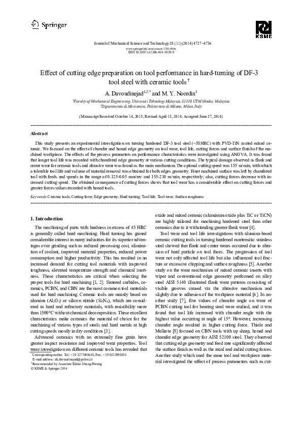 Pdf Effect Of Cutting Edge Preparation On Tool Performance In Hard Turning Of Df 3 Tool Steel