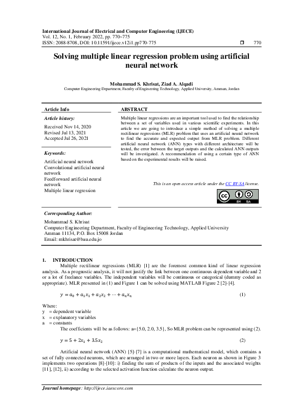Pdf Solving Multiple Linear Regression Problem Using Artificial