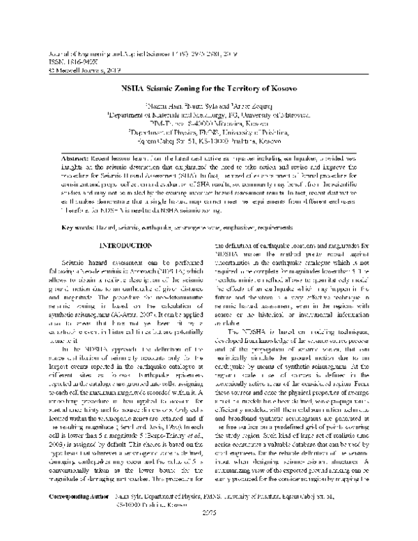 (PDF) NSHA Seismic Zoning for the Territory of Kosovo