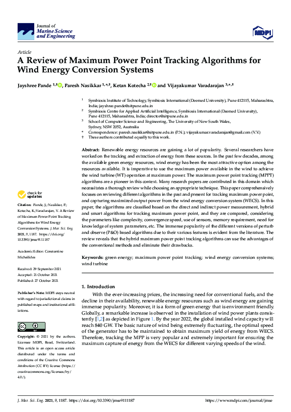 (PDF) A Review of Maximum Power Point Tracking Algorithms for Wind Energy Conversion Systems
