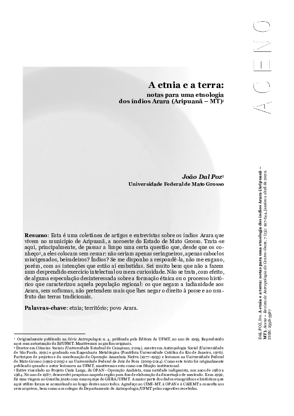 (PDF) A etnia e a terra: notas para uma etnologia dos índios Arara ...