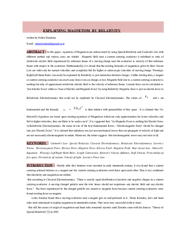 (PDF) Explaining Magnetism by Relativity