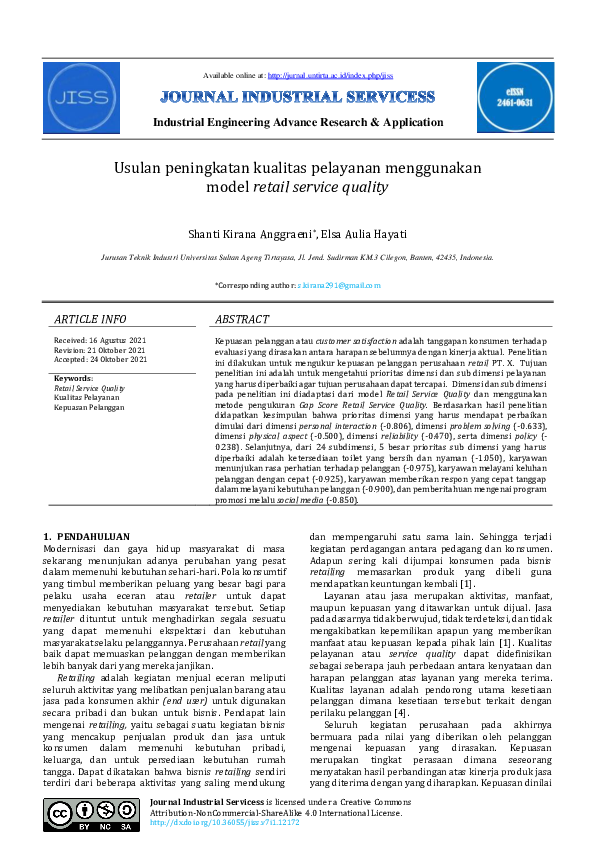 (PDF) Usulan peningkatan kualitas pelayanan menggunakan model retail service quality | Elsa ...