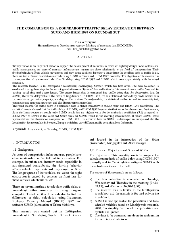 (PDF) The Comparison of a Roundabout Traffic Delay Estimation between SUMO and IHCM 1997 on ...
