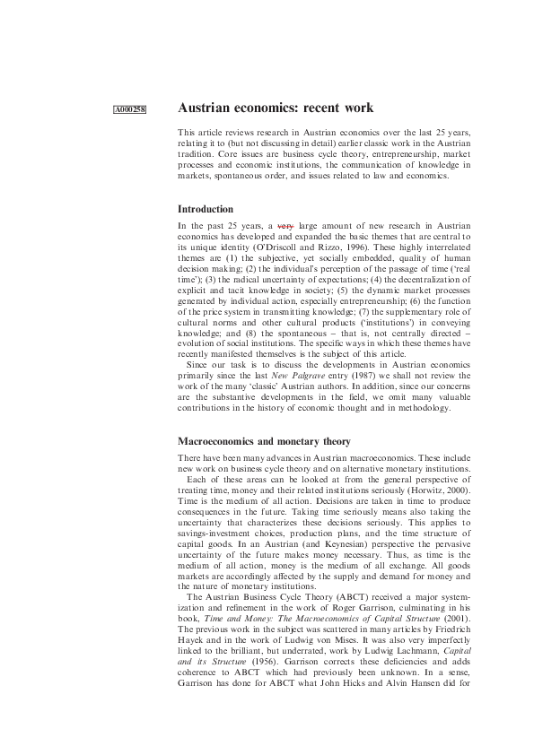 (PDF) Austrian economics: recent work