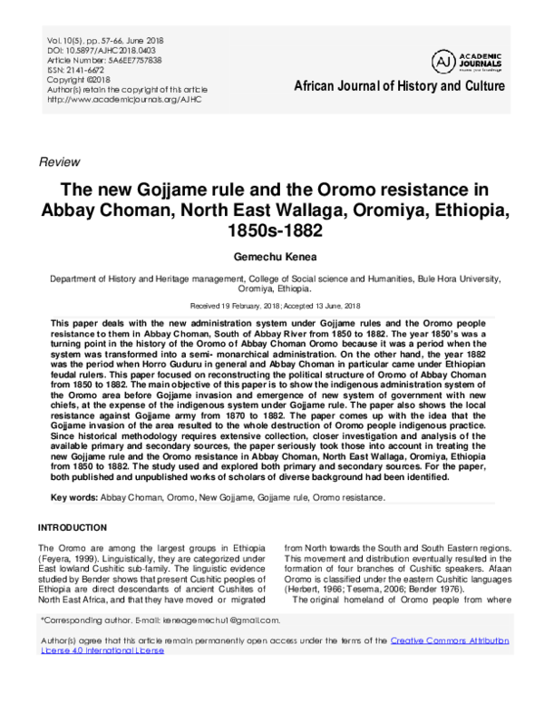 (PDF) The new Gojjame rule and the Oromo resistance in Abbay Choman ...
