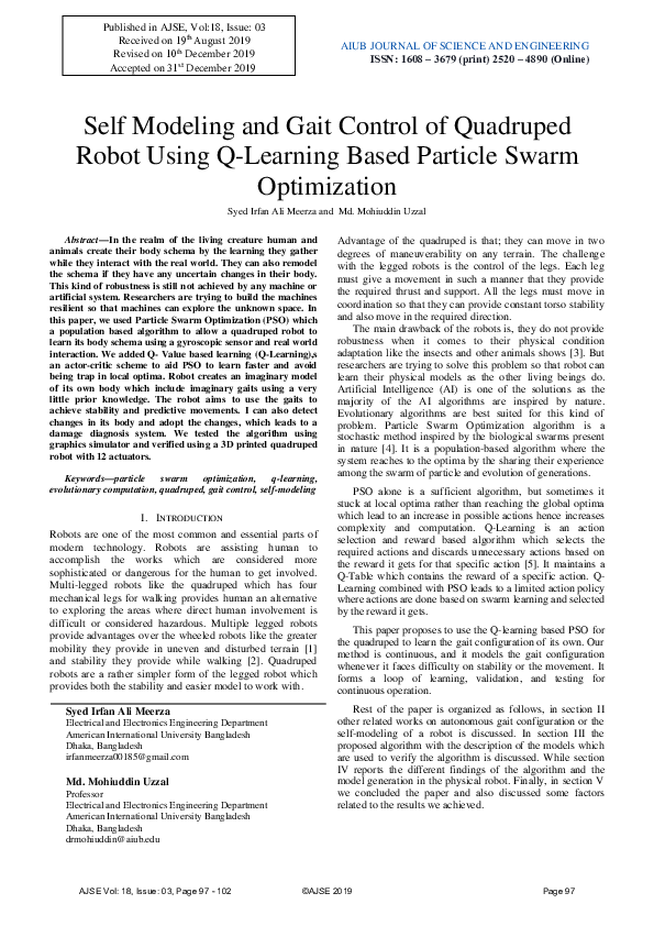 Pdf Self Modeling And Gait Control Of Quadruped Robot Using Q Learning Based Particle Swarm