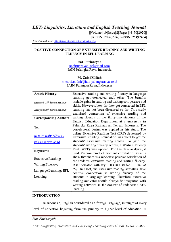 (PDF) Positive Connection of Extensive Reading and Writing Fluency in ...