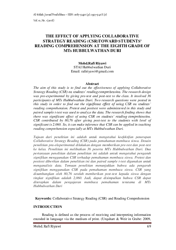 (PDF) THE EFFECT OF APPLYING COLLABORATIVE STRATEGY READING (CSR)TOWARD ...