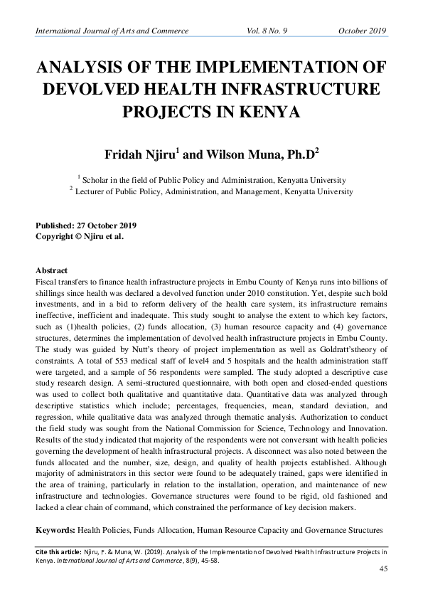 (PDF) Analysis of the Implementation of Devolved Health Infrastructure Projects in Kenya
