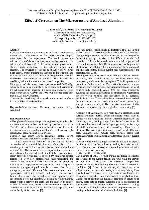 (PDF) Effect of Corrosion on The Microstructure of Anodized Aluminum