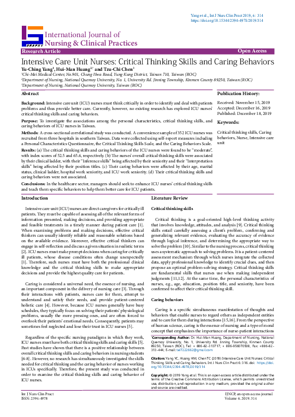 (PDF) Intensive Care Unit Nurses: Critical Thinking Skills and Caring ...