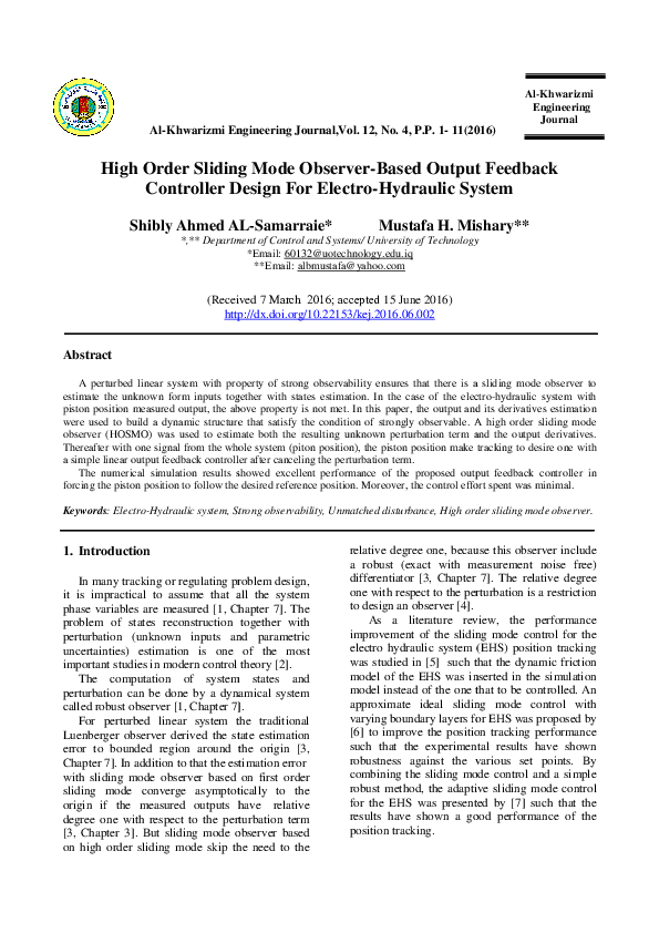 (PDF) High Order Sliding Mode Observer-Based Output Feedback Controller Design For Electro ...