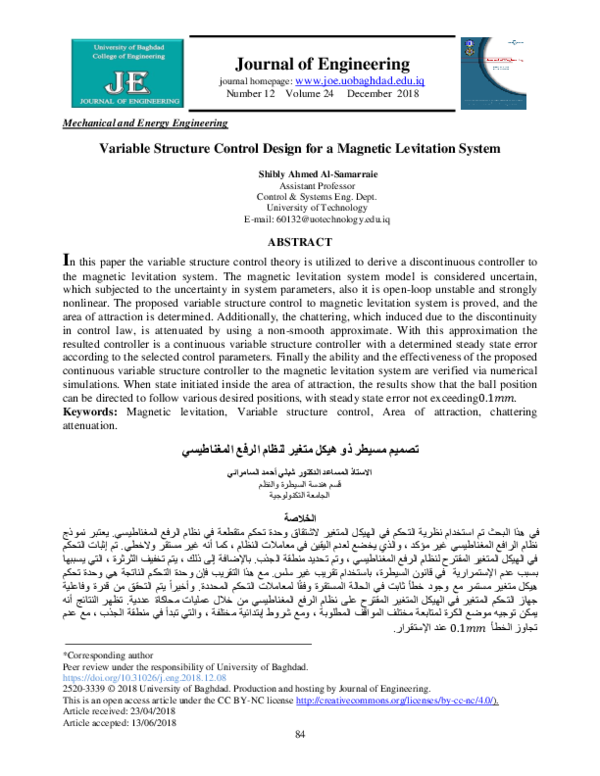 (PDF) Variable Structure Control Design for a Magnetic Levitation System