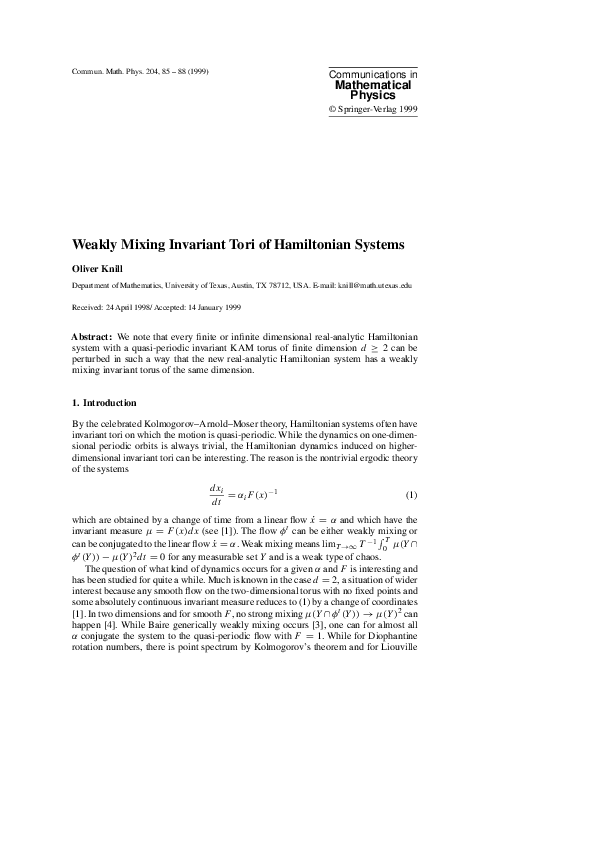 (PDF) Weakly Mixing Invariant Tori of Hamiltonian Systems