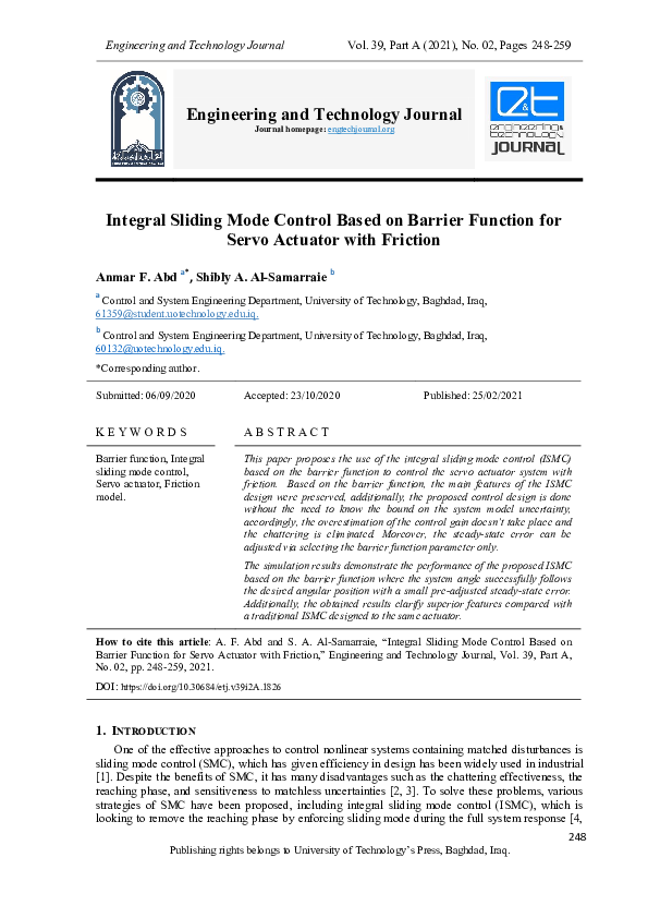 Pdf Integral Sliding Mode Control Based On Barrier Function For Servo