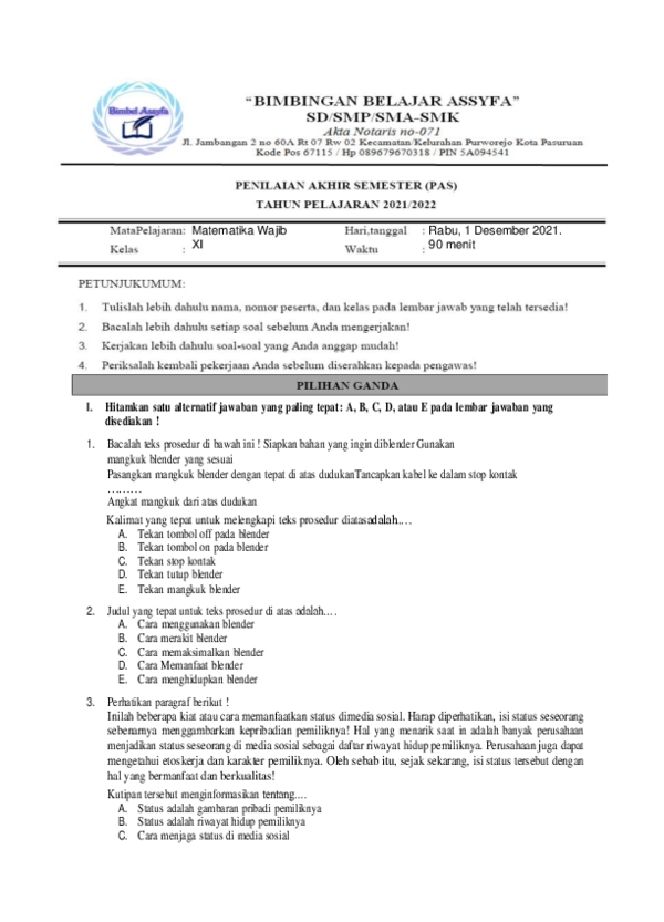 (PDF) Latihan Soal PAS Bindo kelas XI k13_Semester Ganjil