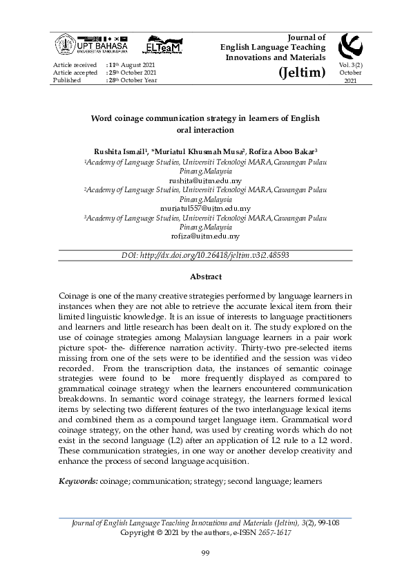(PDF) Word coinage communication strategy in learners of English oral ...