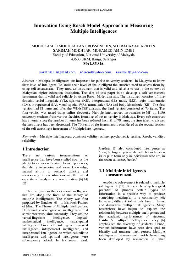 (PDF) Innovation using Rasch model approach in measuring multiple intelligences