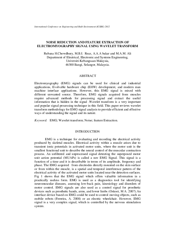 (PDF) Noise Reduction and Feature Extraction of Electromyography Signal Using Wavelet Transform