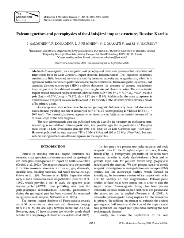 (PDF) Paleomagnetism and petrophysics of the Jänisjärvi impact ...