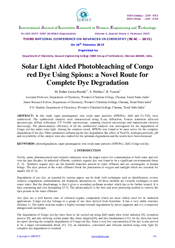 (PDF) Solar Light Aided Photobleaching of Congo red Dye Using Spions: a ...