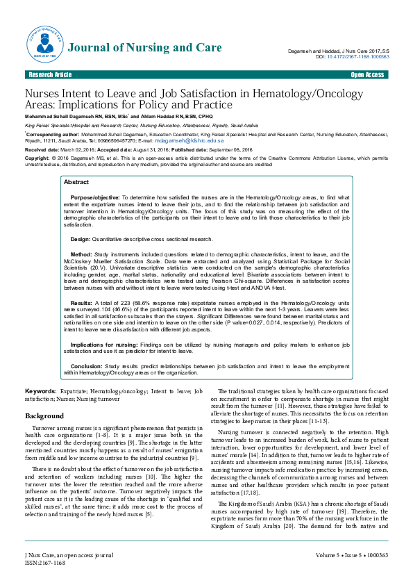 (PDF) Nurses Intent to Leave and Job Satisfaction in Hematology ...