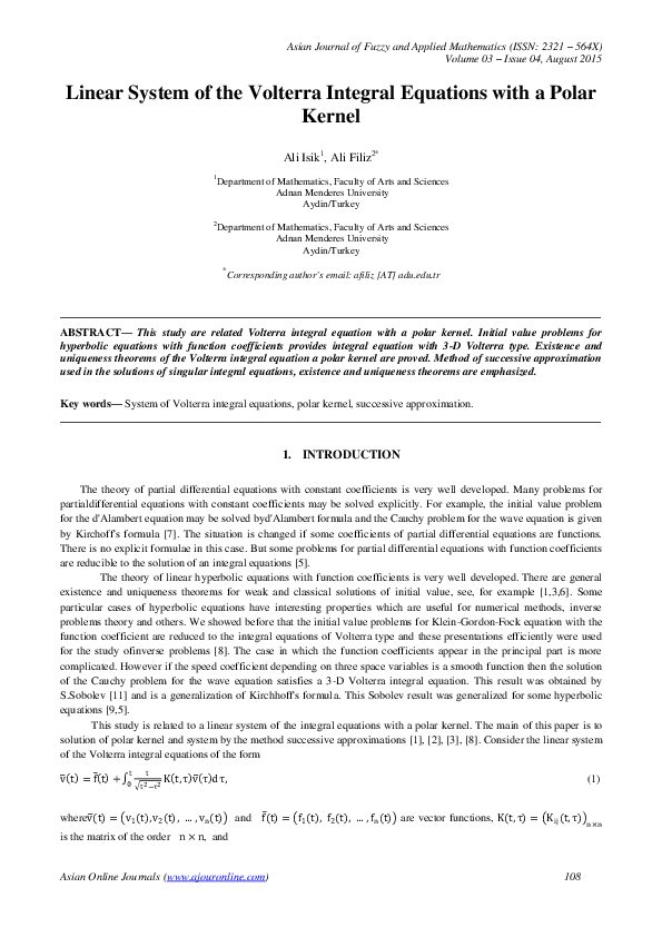 (PDF) Linear System of the Volterra Integral Equations with a Polar Kernel