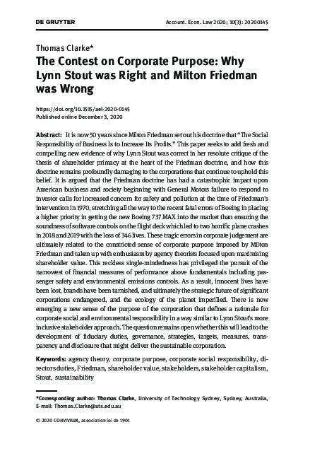 (PDF) The Contest on Corporate Purpose: Why Lynn Stout was Right and ...
