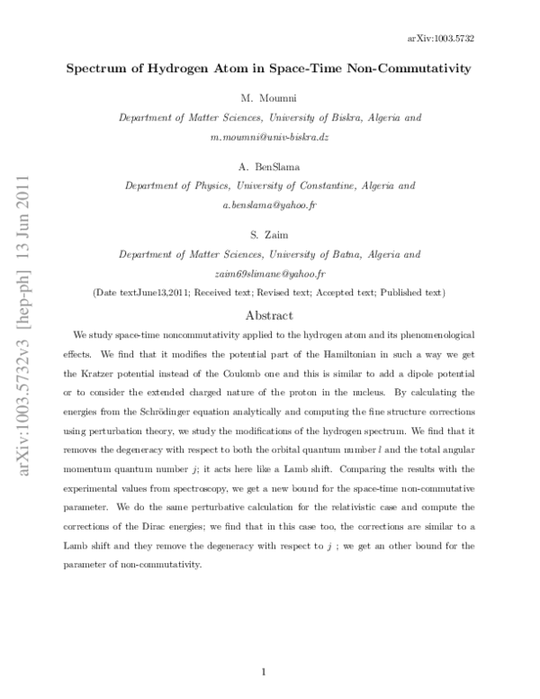 (PDF) Space-Time Non-Commutativity and Hydrogen Atom Spectrum