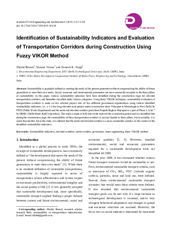 (PDF) Identification of Sustainability Indicators and Evaluation of Transportation Corridors ...