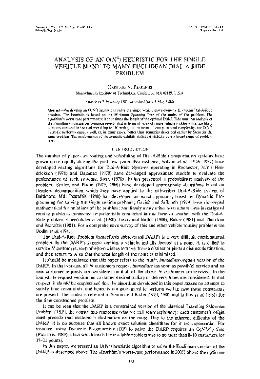 (PDF) Analysis of an O (N 2) heuristic for the single vehicle many-to-many Euclidean dial-a-ride ...