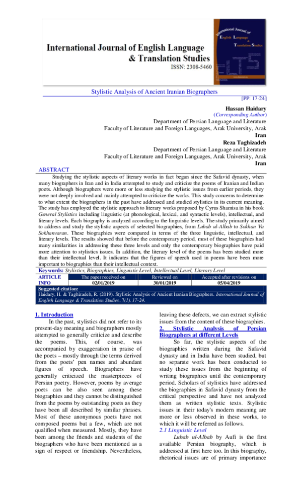 (PDF) Stylistic Analysis of Ancient Iranian Biographers