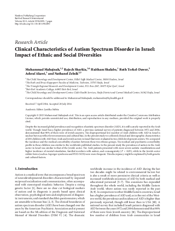 (PDF) Clinical Characteristics of Autism Spectrum Disorder in Israel ...