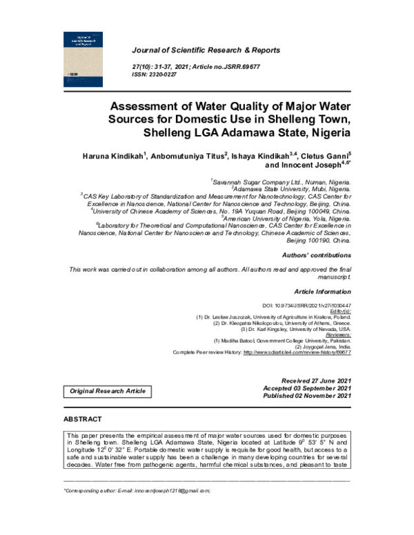 (PDF) Assessment of Water Quality of Major Water Sources for Domestic ...