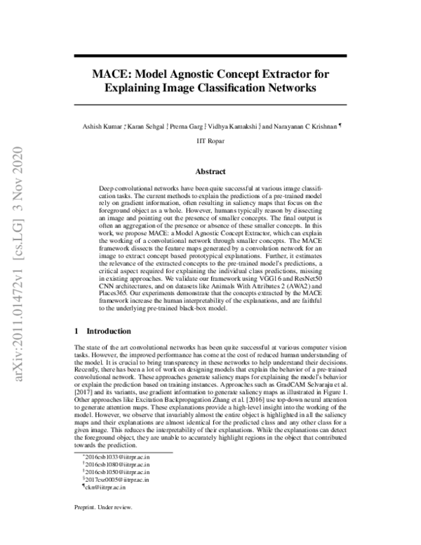 Pdf Mace Model Agnostic Concept Extractor For Explaining Image Classification Networks