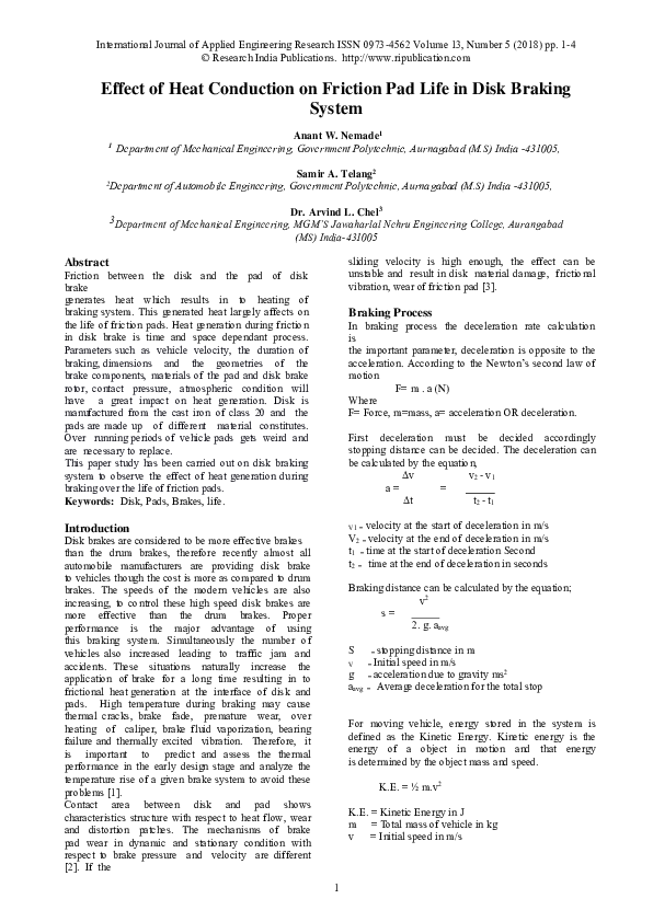 (PDF) Effect of Heat Conduction on Friction Pad Life in Disk Braking System