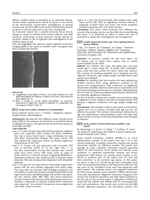 (PDF) P074 Acute partial cervical transverse myelitis: case report