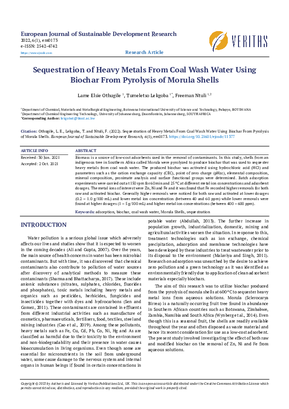 (PDF) Sequestration of Heavy Metals From Coal Wash Water Using Biochar ...