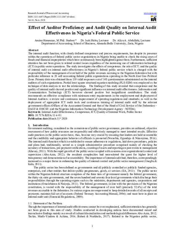 (PDF) Effect of Auditor Proficiency and Audit Quality on Internal Audit Effectiveness in Nigeria ...