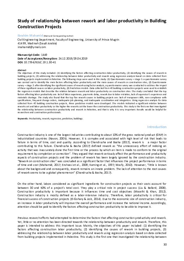 (PDF) Study of relationship between rework and labor productivity in ...