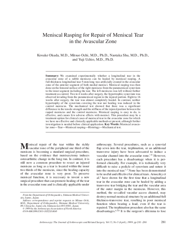 (PDF) Meniscal Rasping for Repair of Meniscal Tear in the Avascular Zone