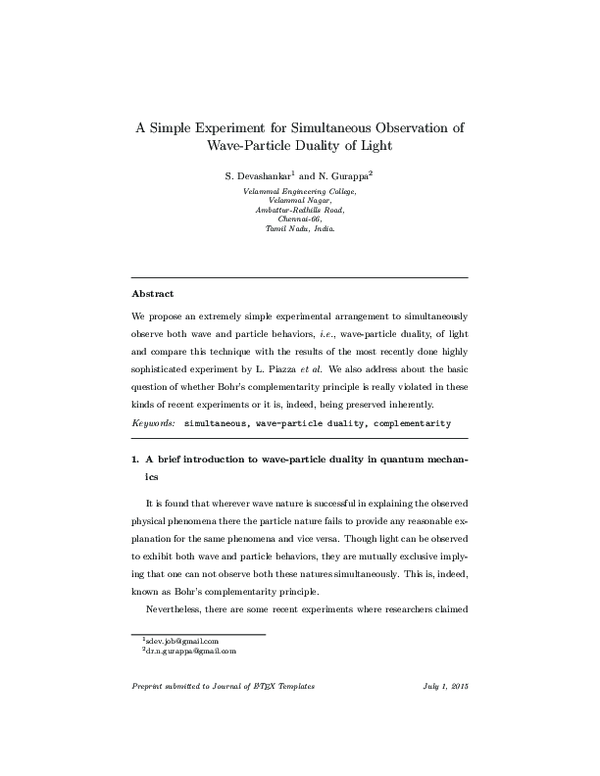 Pdf A Simple Experiment For Simultaneous Observation Of Wave Particle