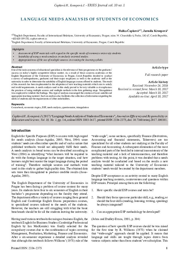 (PDF) Language Needs Analysis of Students of Economics