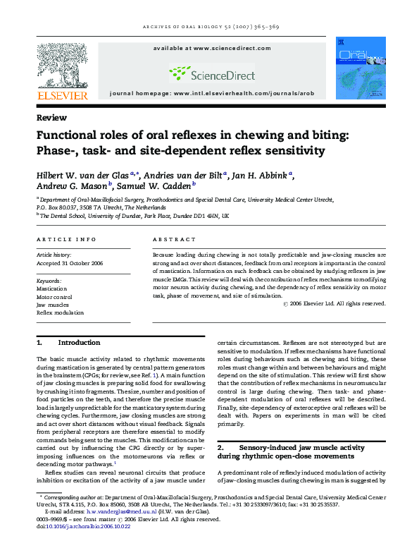 (PDF) Functional roles of oral reflexes in chewing and biting: Phase ...