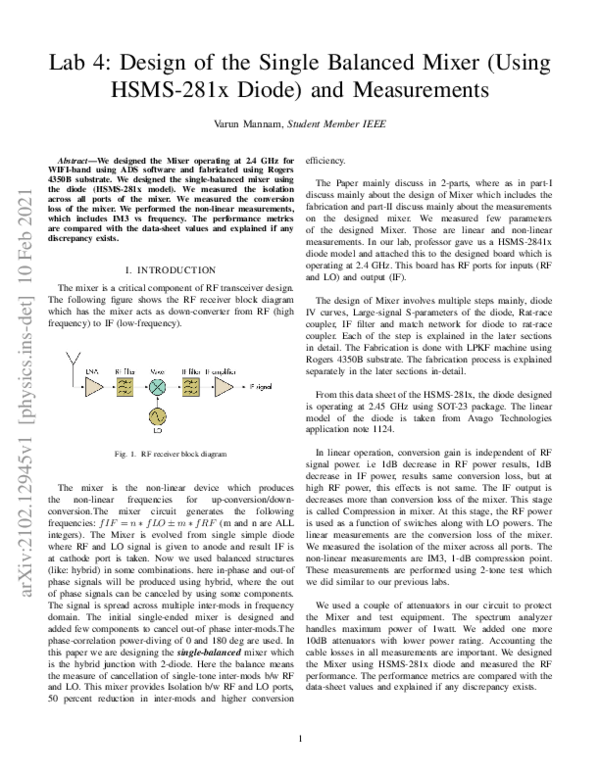 (PDF) Design of the Single Balanced Mixer (Using HSMS-281x Diode) and ...