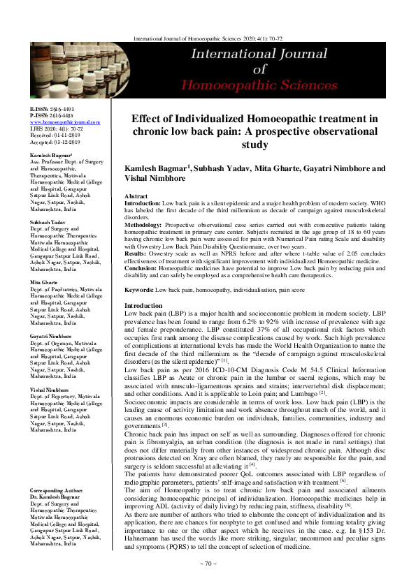 (PDF) Effect of Individualized Homoeopathic treatment in chronic low ...