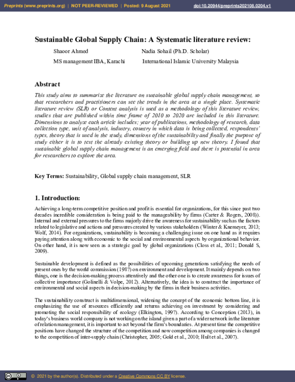 (PDF) Sustainable Global Supply Chain: A Systematic Literature Review