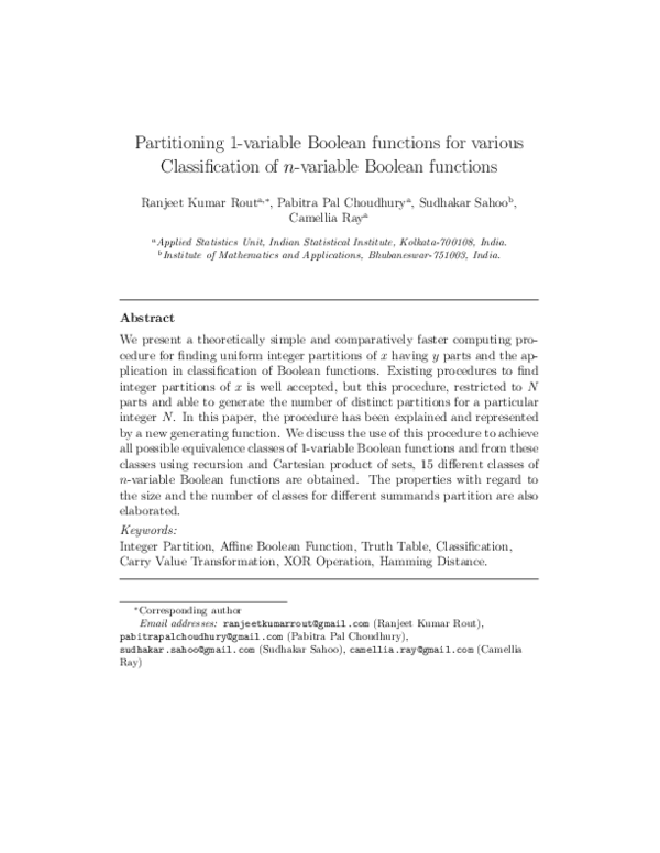 Pdf Partitioning 1 Variable Boolean Functions For Various Classification Of N Variable